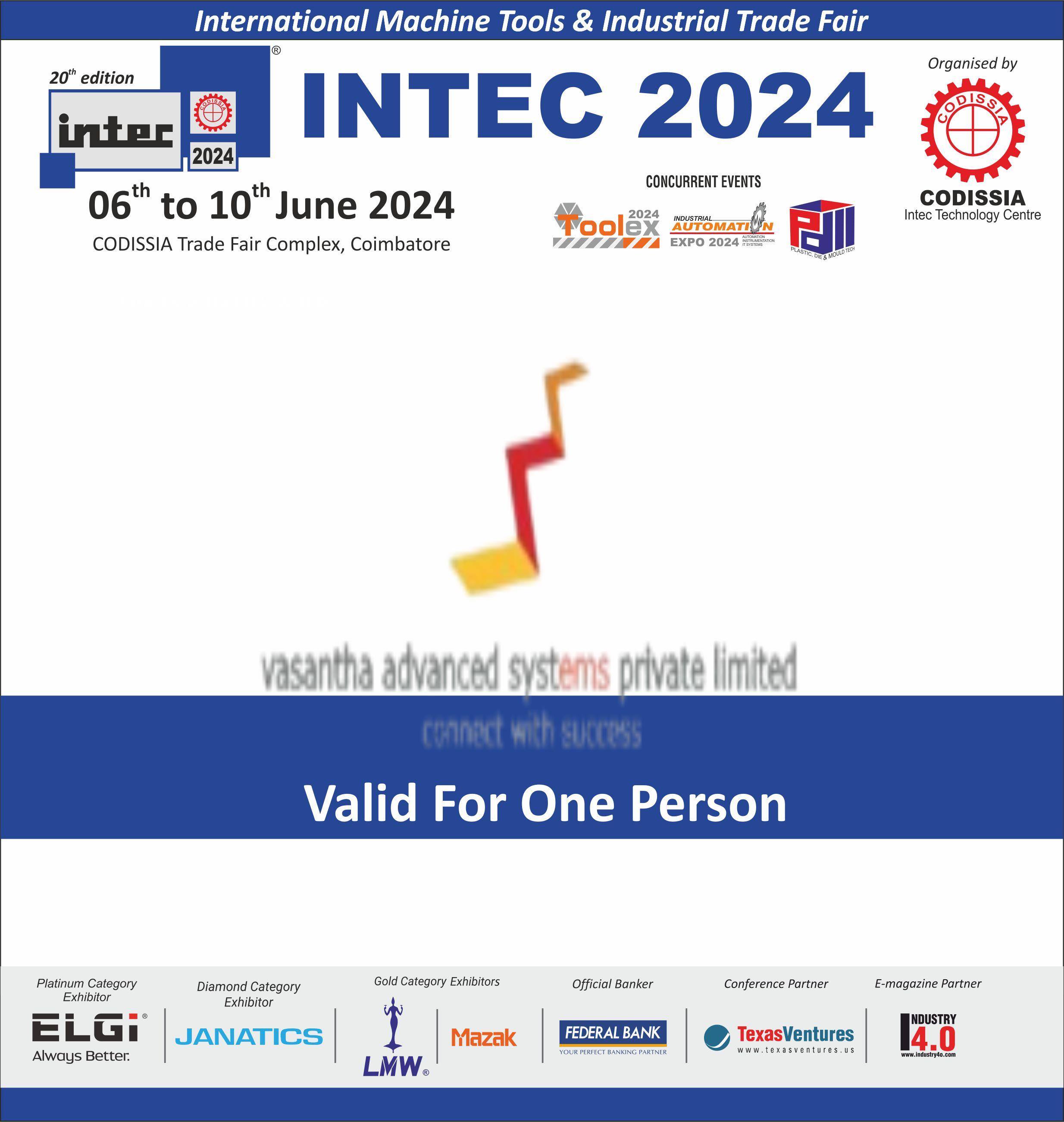 INTEC 2024 Invitation from VASANTHA ADVANCED SYSTEMS PRIVATE LIMITED | Codissia Intec Technology ...